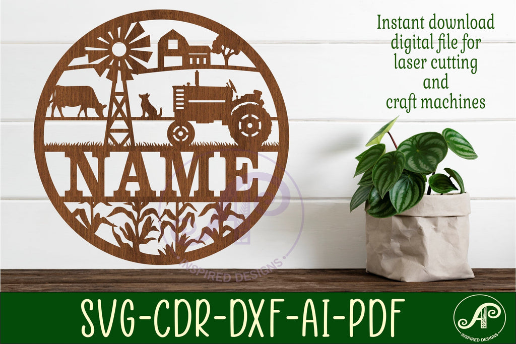 Farm scene with tractor 2 options Name sign svg laser cut - So Fontsy
