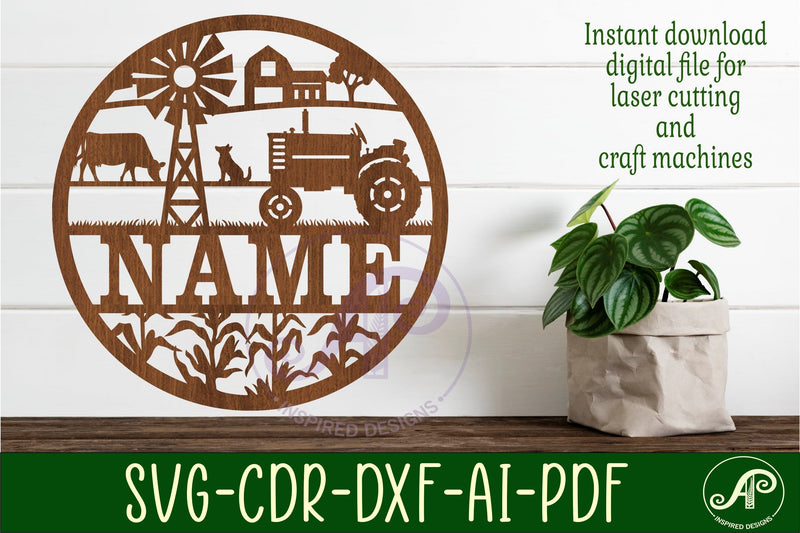 Farm scene with tractor 2 options Name sign svg laser cut - So Fontsy