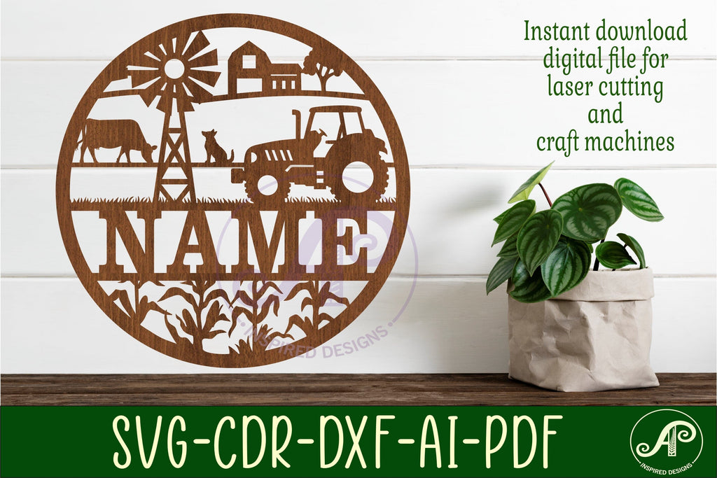 Farm scene with tractor 2 options Name sign svg laser cut - So Fontsy