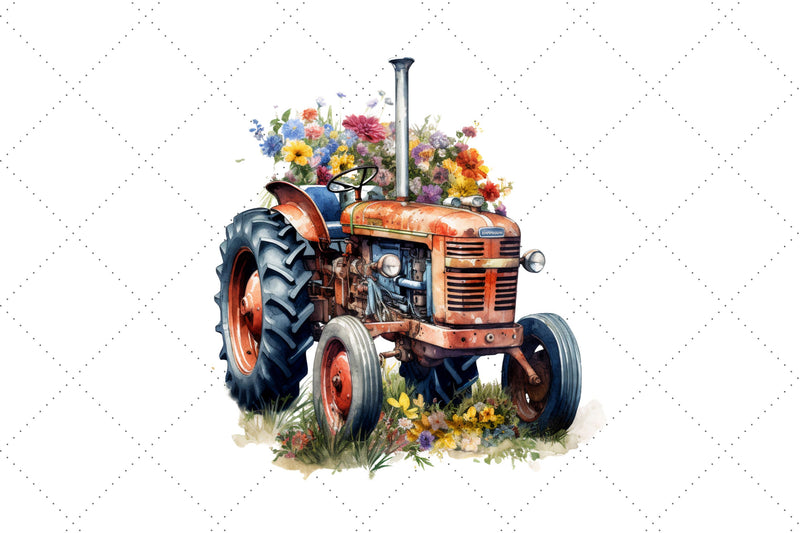 Farm Tractor Floral Watercolor Clipart Bundle - So Fontsy