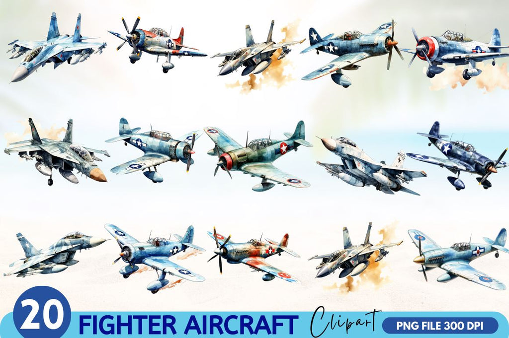 Fighter Aircraft Watercolor Clipart Bundle - So Fontsy