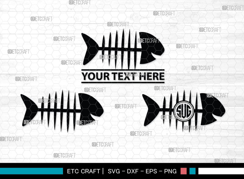 Fish Bone Monogram, Fish Bone Silhouette, Fish Bone SVG, Fish Skeleton ...