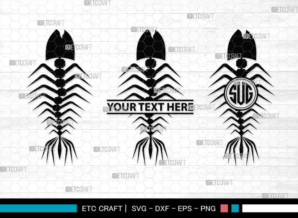 Fish Bone Monogram, Fish Bone Silhouette, Fish Bone SVG, Fish Skeleton ...