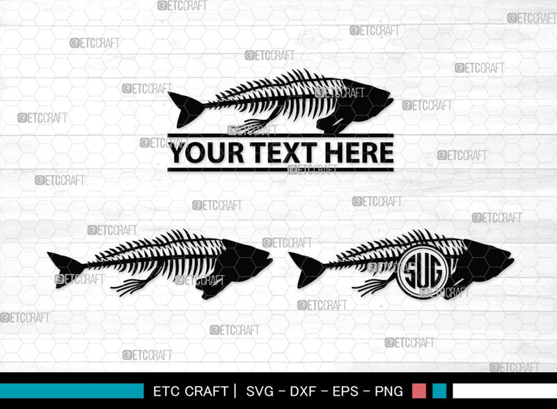 Fish Bone Monogram, Fish Bone Silhouette, Fish Bone SVG, Fish Skeleton ...