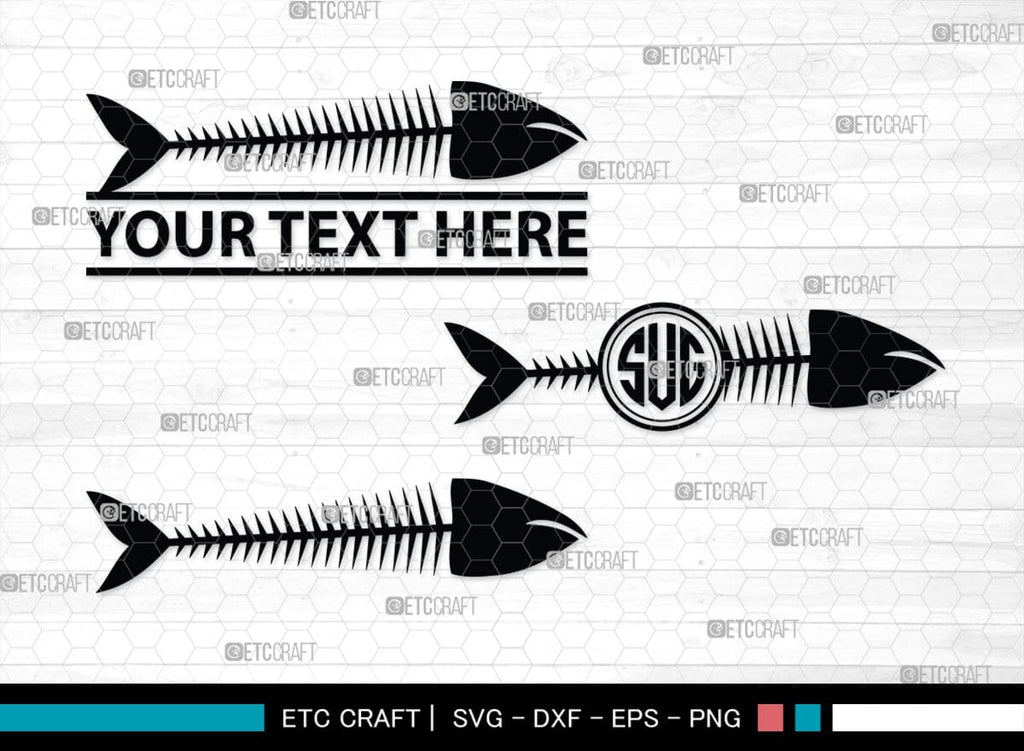Fish Bone Monogram, Fish Bone Silhouette, Fish Bone SVG, Fish Skeleton ...