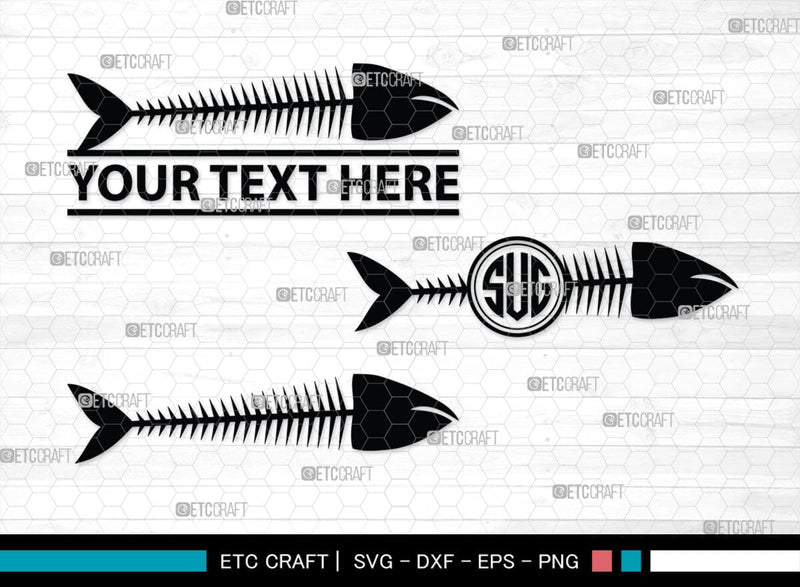 Fish Bone Monogram, Fish Bone Silhouette, Fish Bone SVG, Fish Skeleton ...