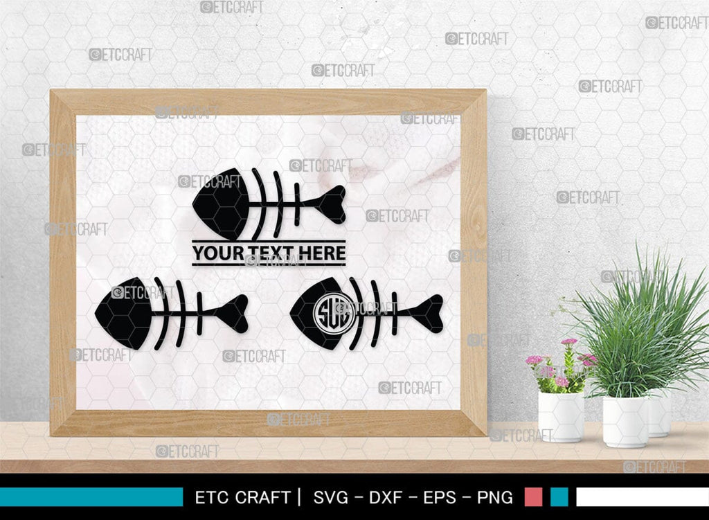 Fish Bone Monogram, Fish Bone Silhouette, Fish Bone SVG, Fish Skeleton ...