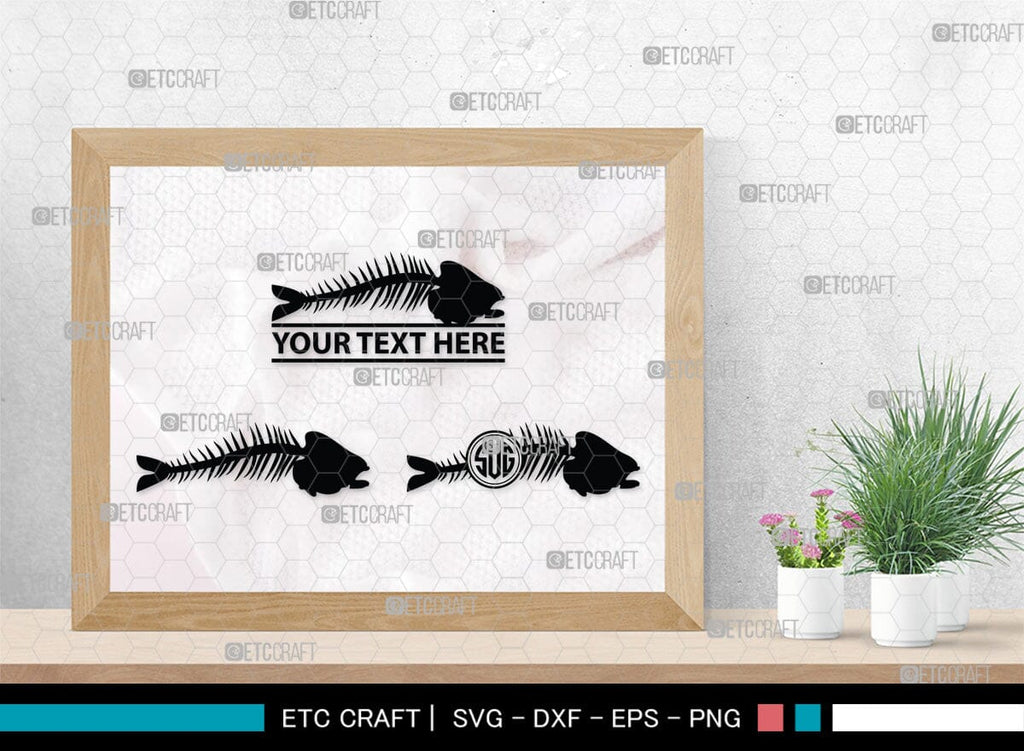 Fish Bone Monogram, Fish Bone Silhouette, Fish Bone SVG, Fish Skeleton ...