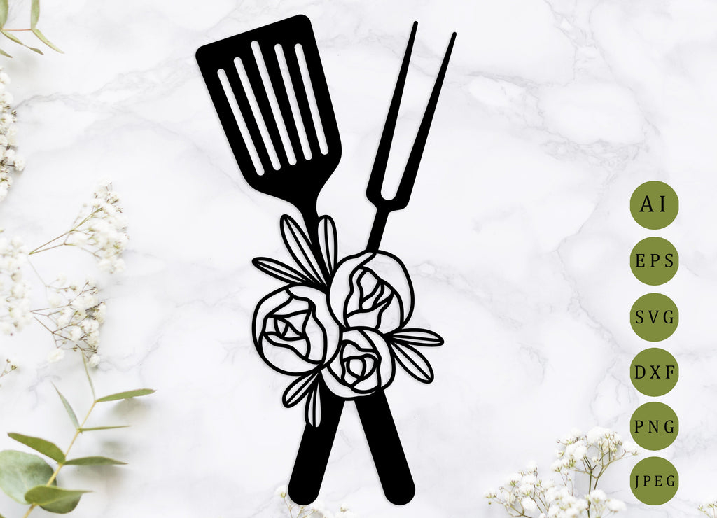 Floarl kitchen utensils svg, Kitchen flower decor svg, Grilling svg ...