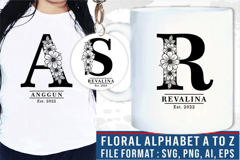 Floral Alphabet Monogram SVG Bundle, Floral Font SVG Set A-Z, Floral Letters SVG, Flower ...