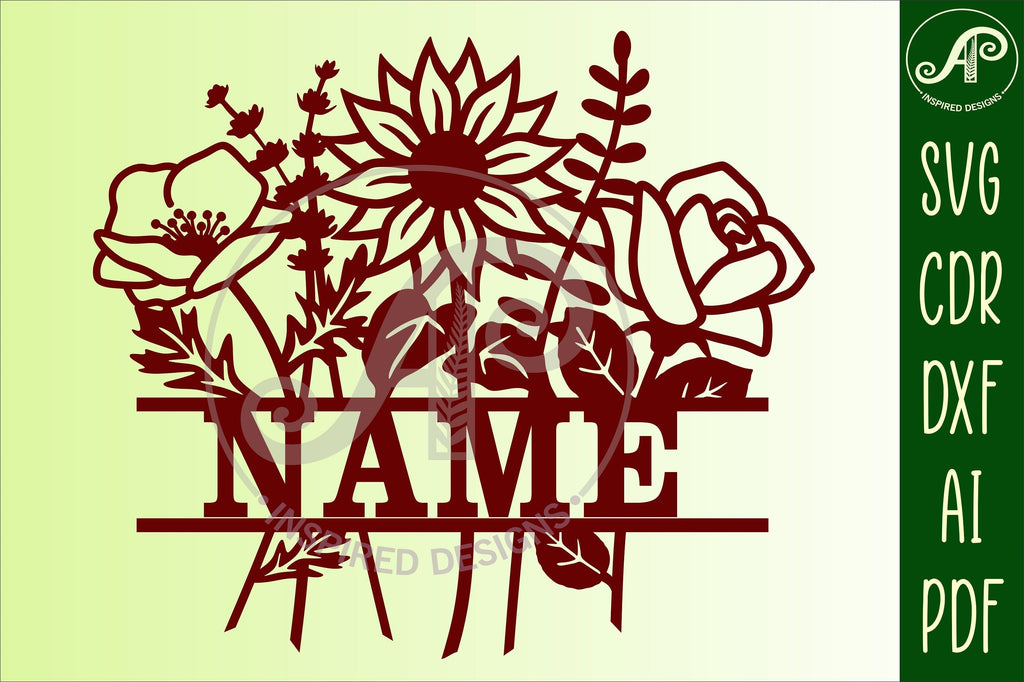 Floral bouquet Name sign svg laser cut template - So Fontsy