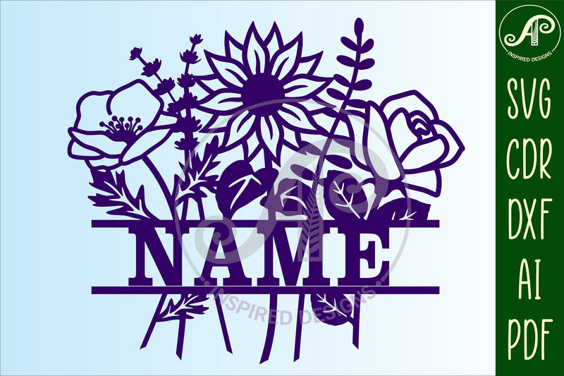 Floral bouquet Name sign svg laser cut template - So Fontsy