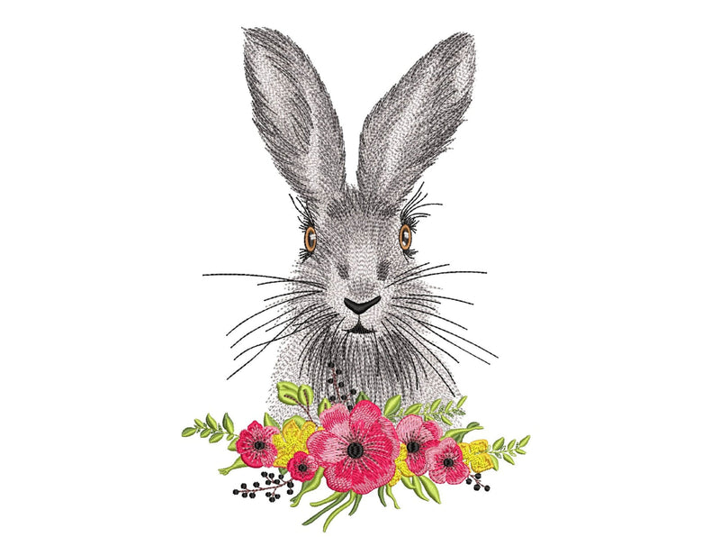 Floral Bunny Embroidery Design, 3 sizes, Instant Download - So Fontsy