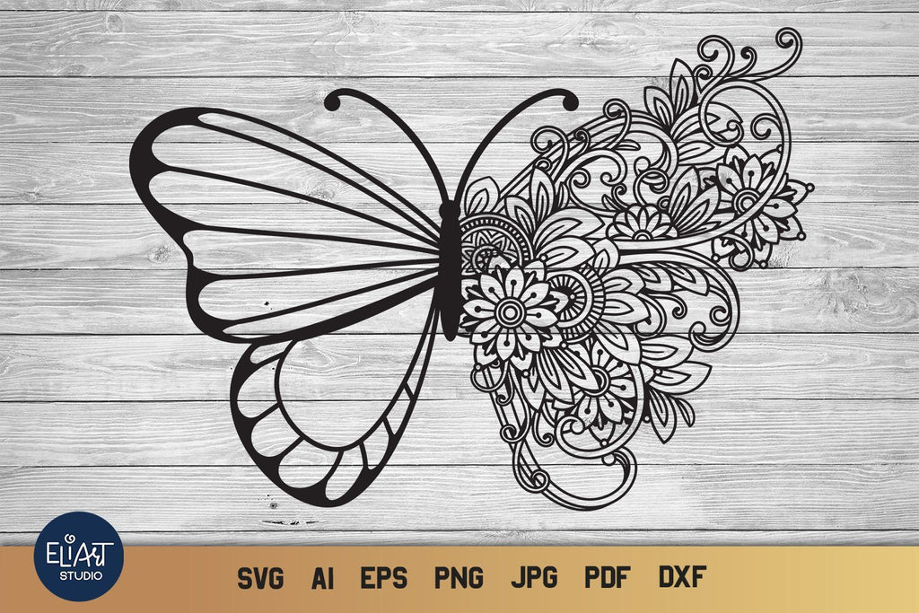 Floral Butterfly SVG, Zentangle Butterfly SVG with Flowers. - So Fontsy