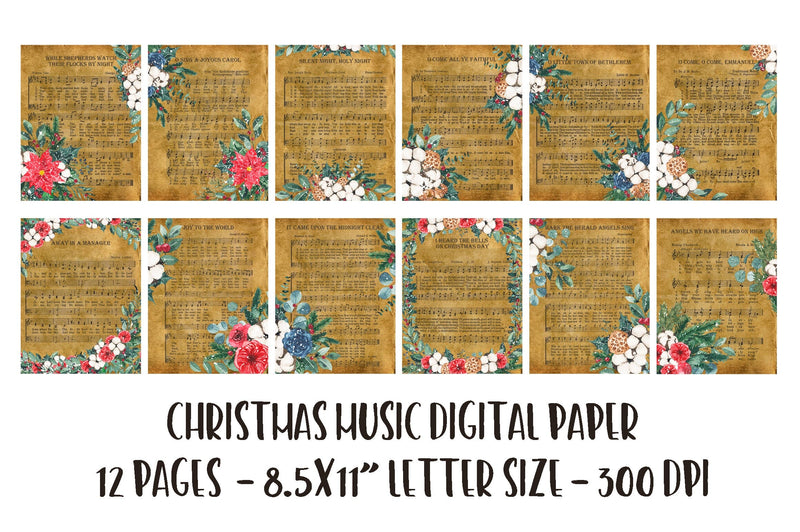 Floral Christmas Music Digital Papers - So Fontsy