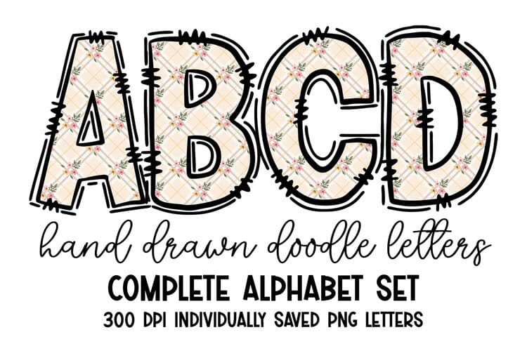 Floral Hand Drawn Doodle Letters Alphabet PNG Set - So Fontsy