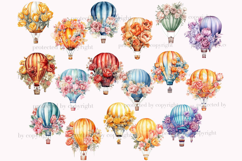 Floral Hot Air Balloons Clipart | Nursery Illustration Set - So Fontsy