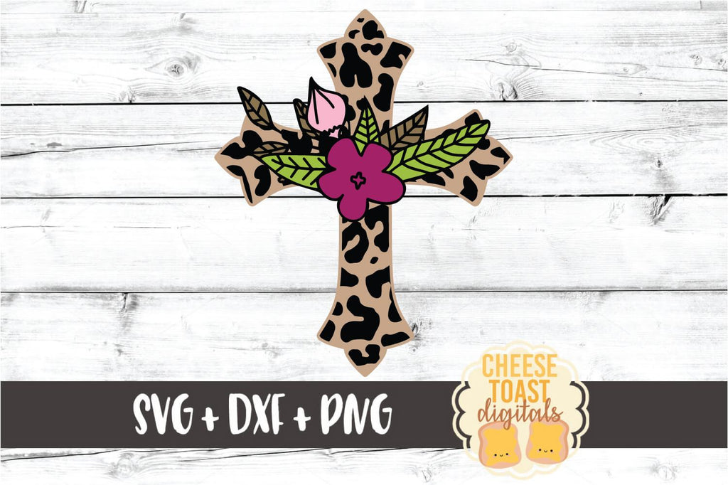 Floral Leopard Print Cross - Christian SVG PNG DXF Cut Files - So Fontsy