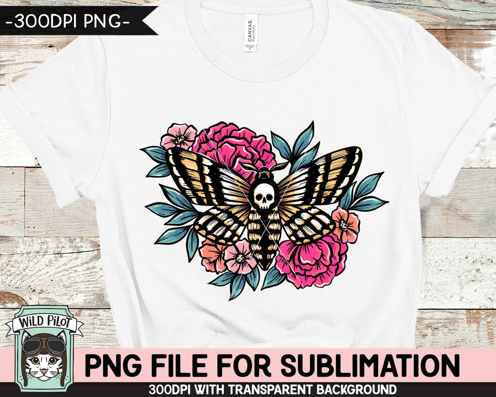 Floral Moth SUBLIMATION design PNG, Flower Skull Moth png file, Flower ...