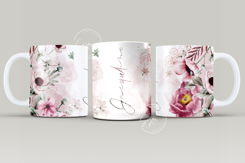 Floral Mug Wrap, Add Your Name Mug Design, Flower Sublimation Wrap, 11 ...