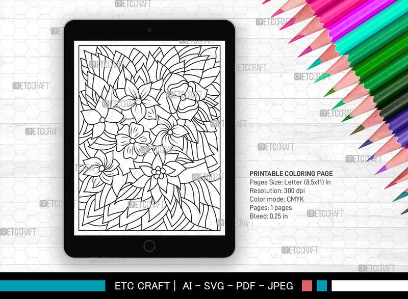 Floral Printable Coloring Page Cut File, PDF Colouring Book, Instant ...