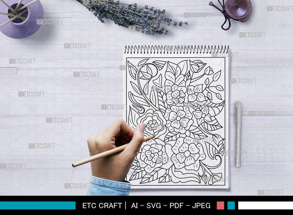 Floral Printable Coloring Page Cut File, PDF Colouring Book, Instant ...