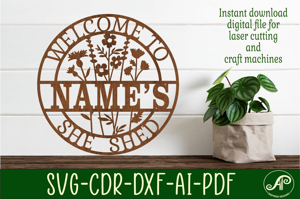 Floral she shed sign svg laser cut template - So Fontsy