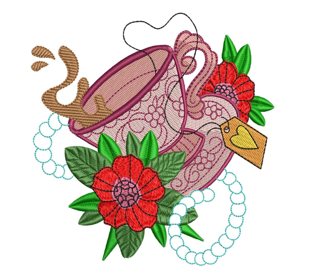 Floral Tea Cup Machine Embroidery Design - So Fontsy