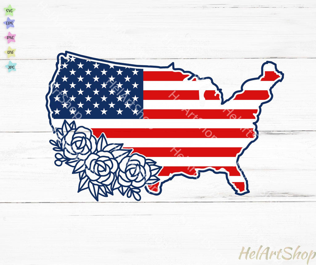 Floral USA Map SVG, Patriotic SVG, 4th July Svg - So Fontsy