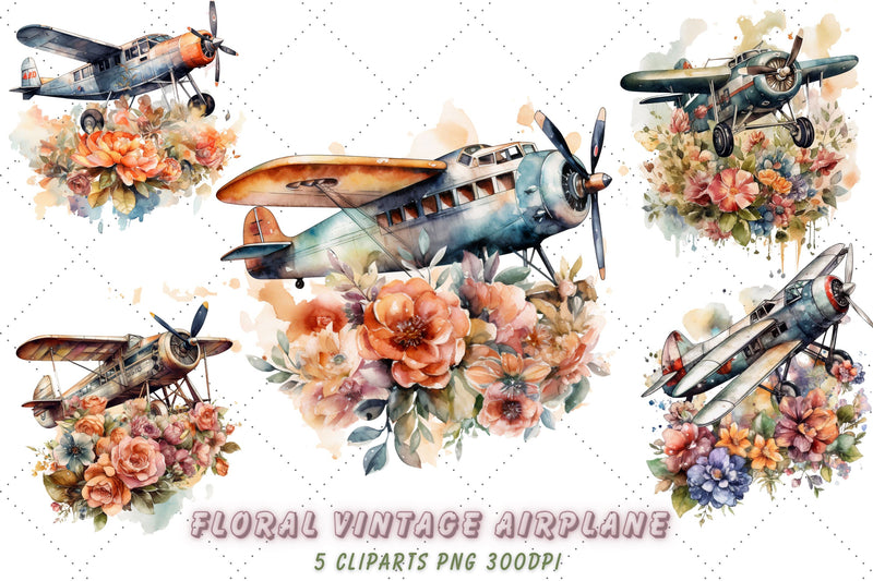 Floral Vintage Airplane Clipart Bundle, Sublimation, Floral Vintage ...