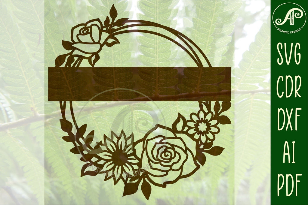 Floral wreath Name sign svg laser cut template - So Fontsy