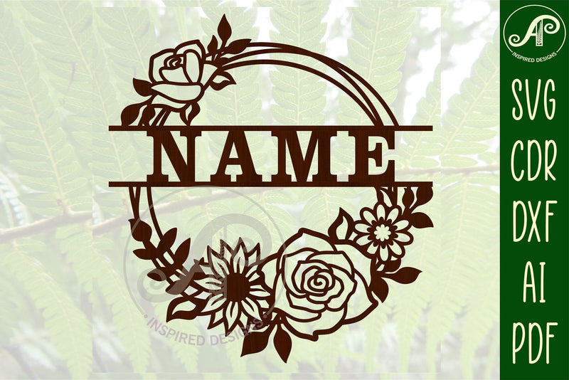Floral wreath Name sign svg laser cut template - So Fontsy