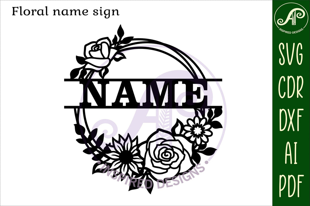 Floral wreath Name sign svg laser cut template - So Fontsy