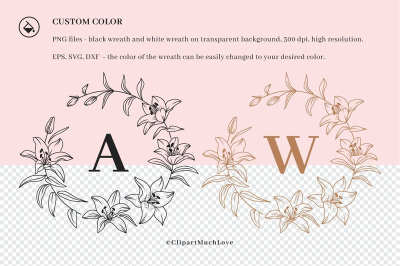 Floral wreath SVG, Lily monogram SVG, Wedding wreath SVG, DXF, PNG - So ...