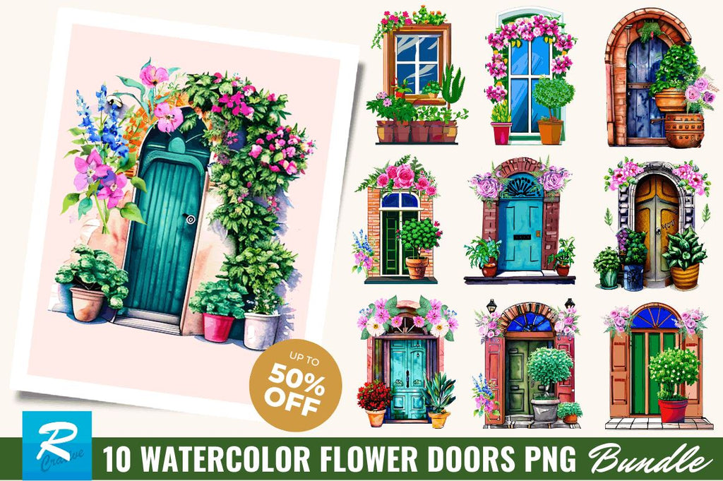 Flower Doors Watercolor Clipart Bundle - So Fontsy