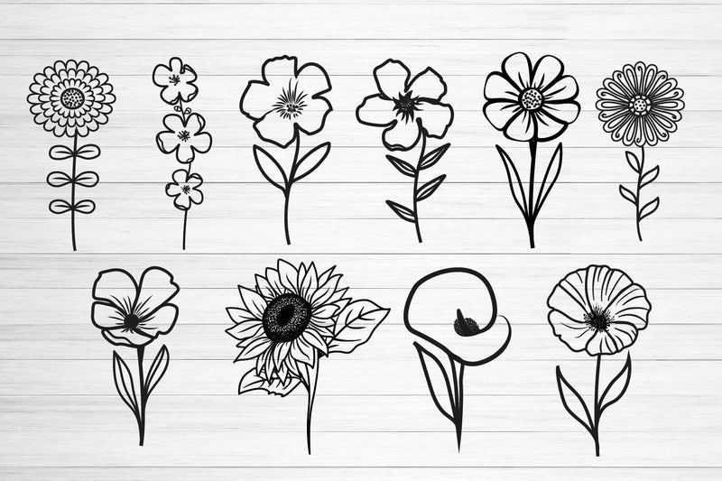 Flower Line Art Clipart. Flowers SVG. Flowers SVG Bundle. - So Fontsy