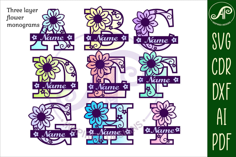 Flower monogram letter Name signs 3 layer design bundle - So Fontsy