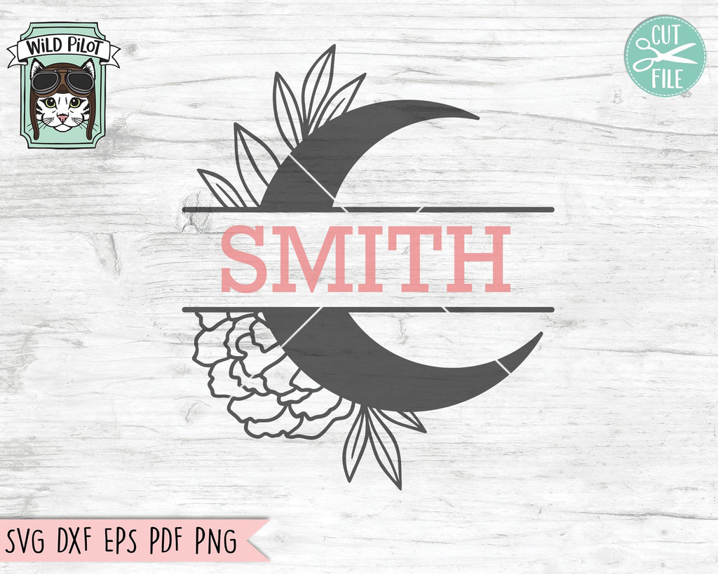 Flower Moon Split Monogram Frame SVG, Floral Moon SVG Cut File, Flower ...