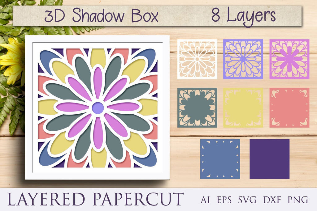 Flower shadow box svg, 3d layered floral template, Flower light box ...