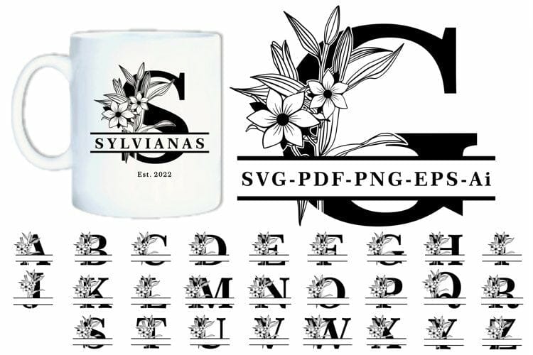 Flower Split Monogram Letters Svg Set A-Z, FLower Split Alphabet Svg ...