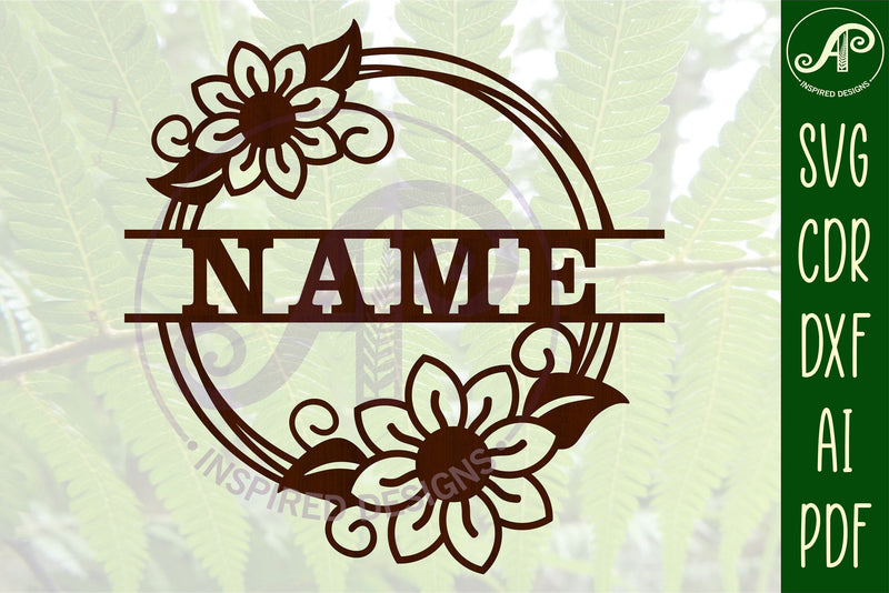 Flower wreath Name sign svg laser cut template - So Fontsy