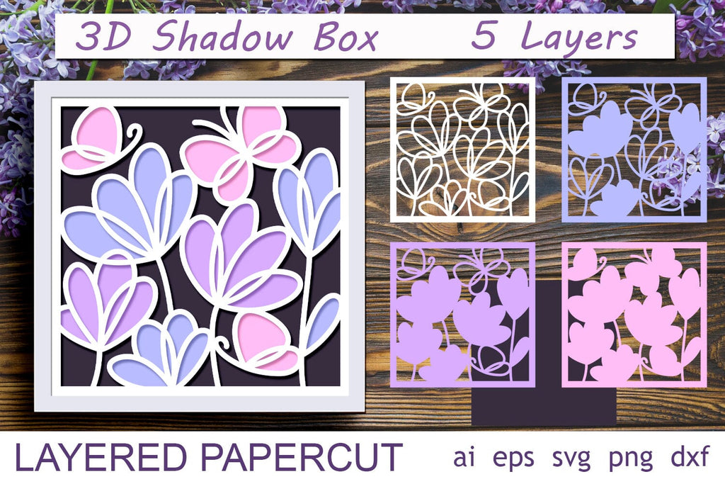 Flowers and butterflies shadow box svg, 3d layered papercut files for cricut - So Fontsy