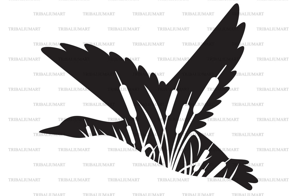 Flying mallard duck and reeds. Cut files for Cricut. Clip Art (eps, svg ...