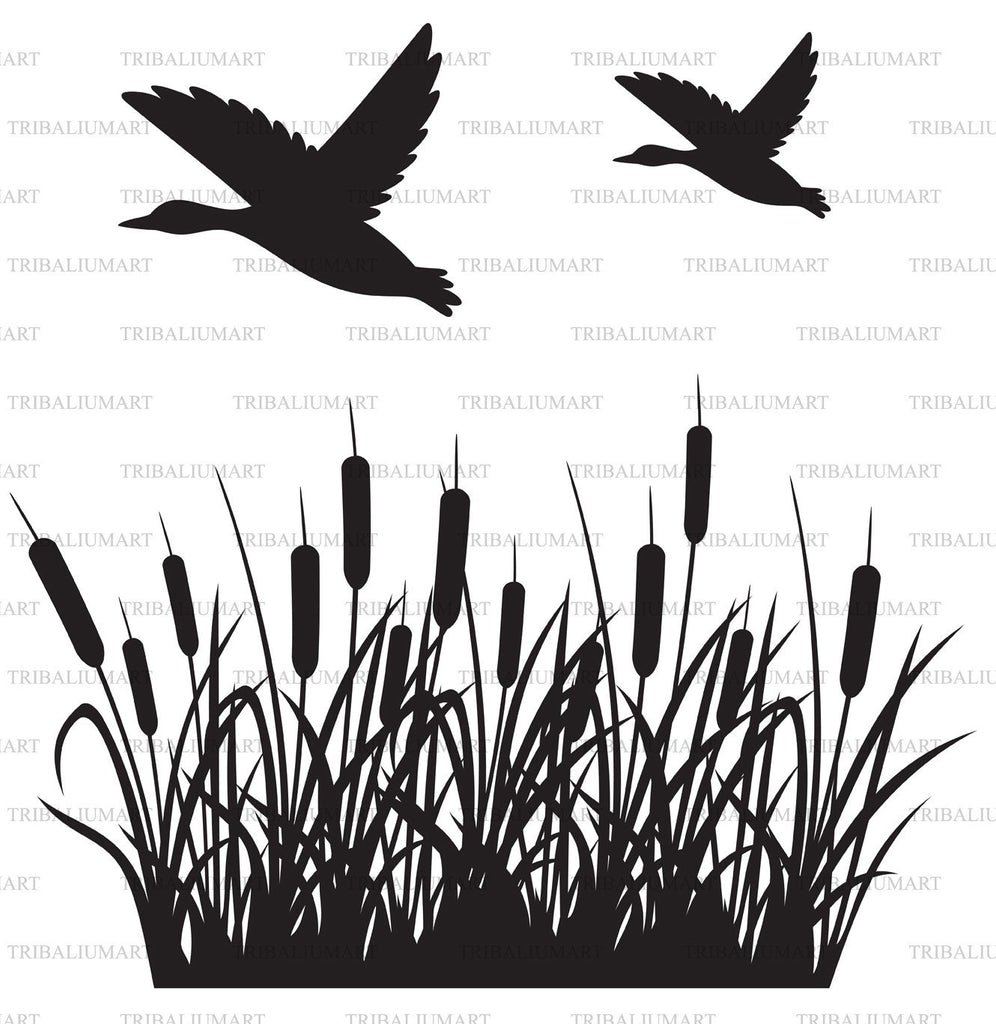Flying mallard duck and reeds. Cut files for Cricut. Clip Art (eps, svg ...