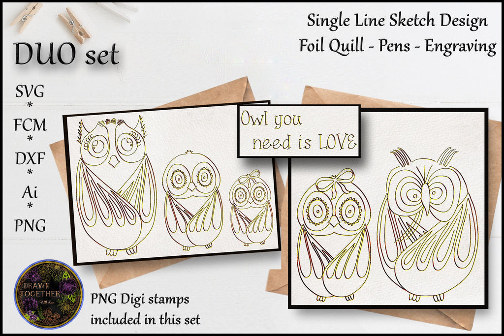 Foil Quill | Single Line Sketch | Digi Stamp - Funny Owl Family - So Fontsy