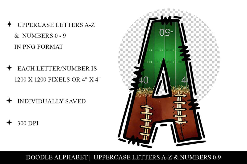 Football Doodle Letters - Sports Sublimation PNG Letters - So Fontsy