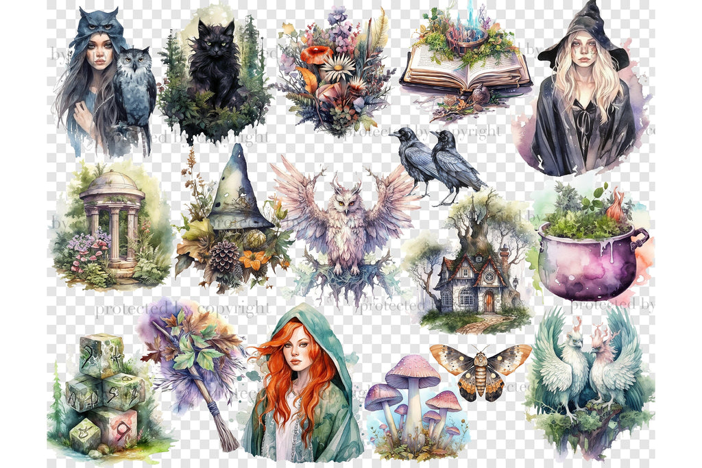 Forest Witch Clipart Bundle | Fantasy Illustration PNG - So Fontsy