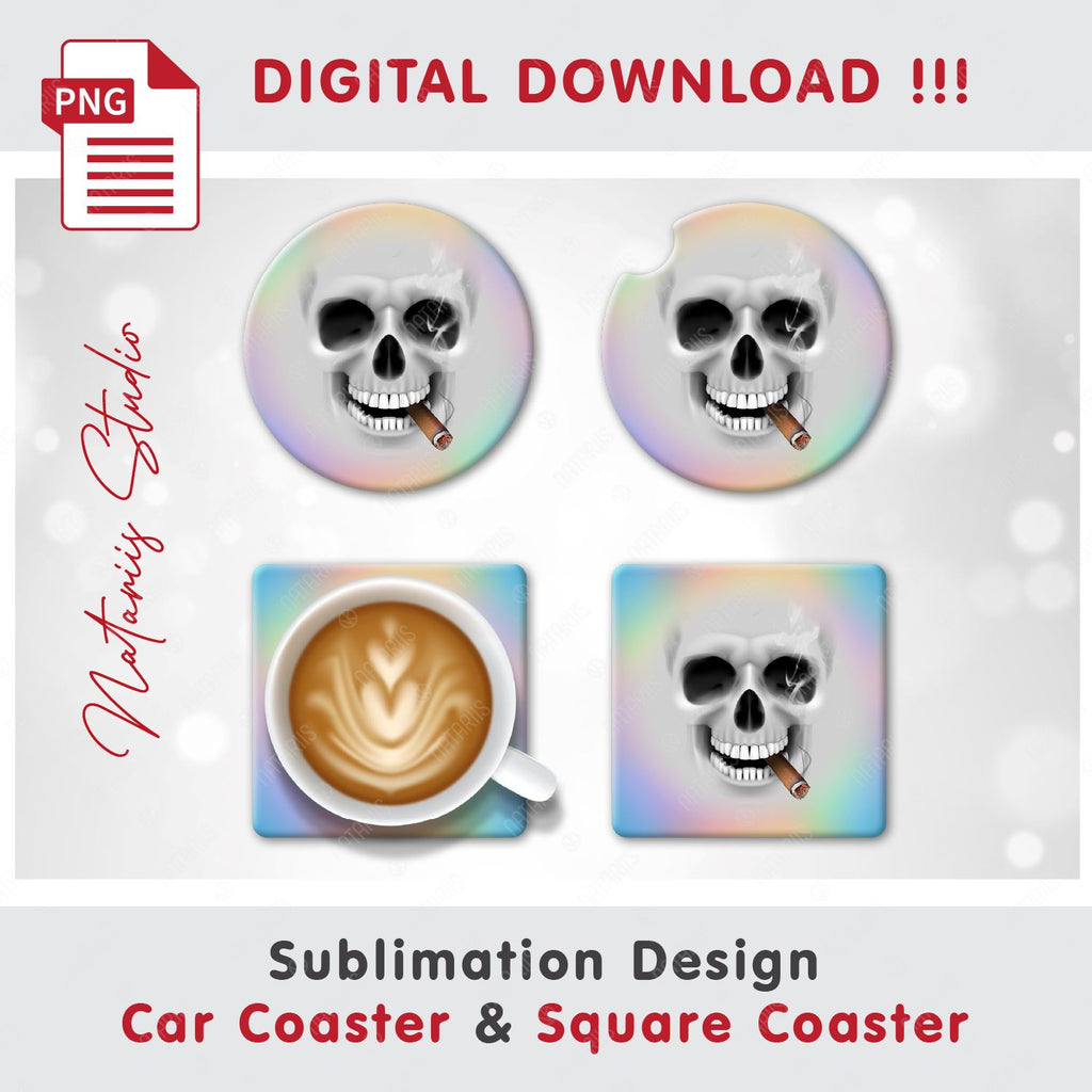 Funny Cigar Skull Design. Coaster Sublimation Template. - So Fontsy