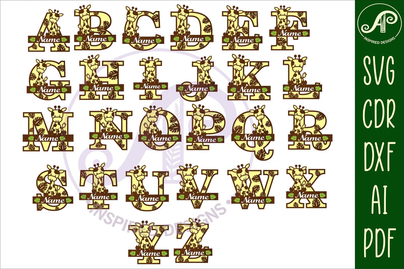 Giraffe monogram letter Name signs 3 layer design bundle - So Fontsy