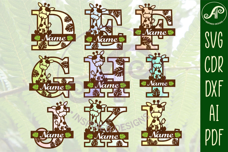 Giraffe monogram letter Name signs 3 layer design bundle - So Fontsy